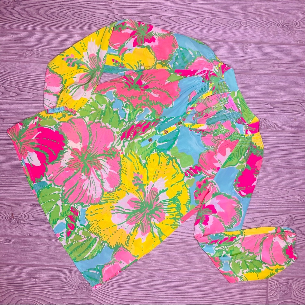 Lilly Pulitzer Floral Quarter Button Long Sleeve Blou… - Gem